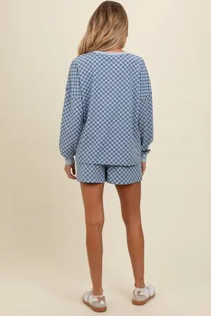 PINKBLUSH Checkered Plaid Pullover Shorts Set - Blue
