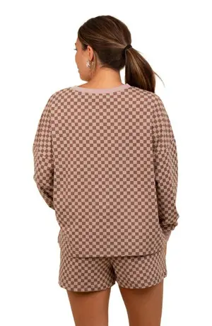 PINKBLUSH Checkered Plaid Pullover Shorts Set - Mocha