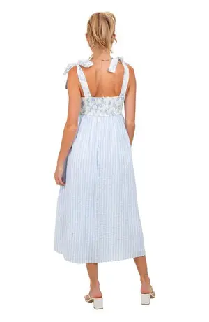 PINKBLUSH Floral Stripe Shoulder Tie Maternity Midi Dress - Light Blue