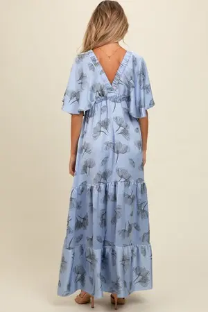 PINKBLUSH Floral Deep V-neck Maxi Dress - Light Blue