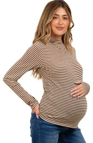 PINKBLUSH Striped High Neck Long Sleeve Maternity Top - Mocha