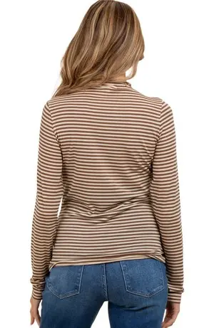 PINKBLUSH Striped High Neck Long Sleeve Maternity Top - Mocha