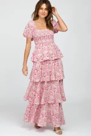 PINKBLUSH Floral Square Neck Ruffle Layered Maxi Dress