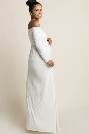 PINKBLUSH Solid Off Shoulder Maxi Dress