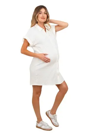 PINKBLUSH Textured Short Sleeve Button Down Shirt Dress