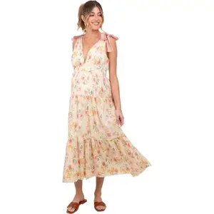 PINKBLUSH Floral Shoulder Tie V-neck Maxi Dress - Cream