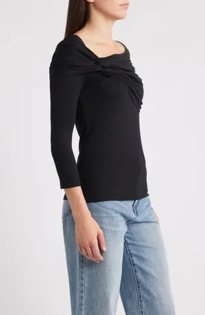 Loveappella Asymmetric Neck Jersey Top - Black