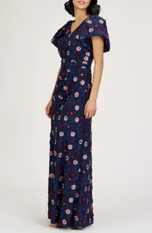 Js Collections Floral Appliqué Gown