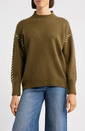 CITY BLUES Lutetia Relaxed Whipstitch Sweater - Olive