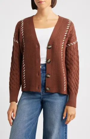 CITY BLUES Whipstitch Cable Knit Cardigan - Brown
