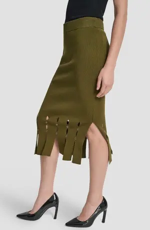 Dkny Grommet Trim Fringe Hem Midi Skirt - Dark Olive