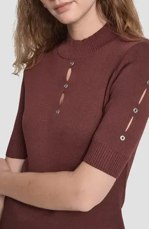 Dkny Cutout Grommet Mock Neck Sweater - Bitter Chocolate