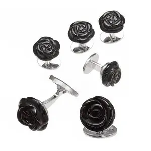 JAN LESLIE Rose Carved Sterling Cufflinks And Stud Sets - Black