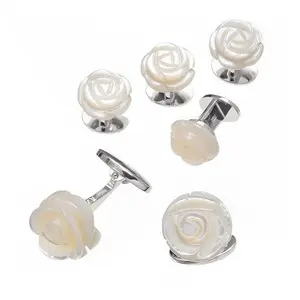 JAN LESLIE Rose Carved Sterling Cufflinks And Stud Sets - White
