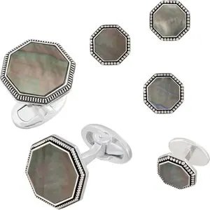JAN LESLIE Octagon Antique Sterling Cufflinks & Studs Grey