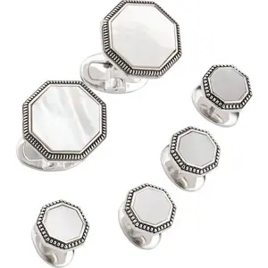 JAN LESLIE Octagon Antique Sterling Cufflinks & Studs - White
