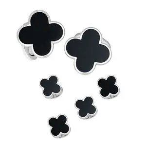 JAN LESLIE Four Leaf Clover Sterling Cufflinks & Studs - Black