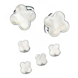 JAN LESLIE Four Leaf Clover Sterling Cufflinks & Studs - White
