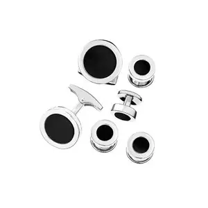 JAN LESLIE Round Gemstone Inlay Sterling Cufflinks & Studs - Black