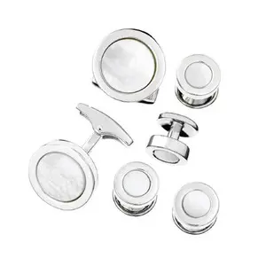 JAN LESLIE Round Gemstone Inlay Sterling Cufflinks & Studs - White
