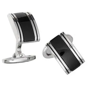 JAN LESLIE Linear Etch Rectangular Gemstone Sterling Silver Cufflinks - Black