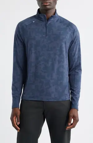 Johnnie-o Viktor Waffle Camo Print Quarter Zip Pullover - Navy