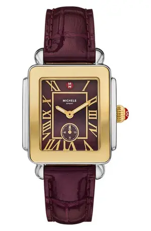 Michele Deco Sport Mid Leather Strap Watch - Two Tone/dark Cherry