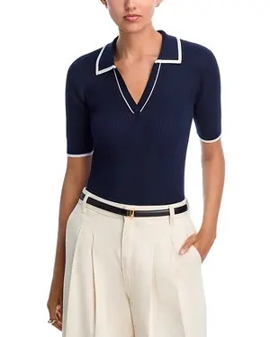 T Tahari Elbow Sleeve Polo Top - Dark Navy