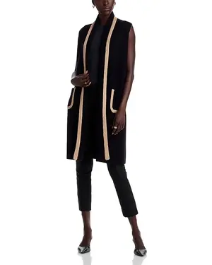 T Tahari Contrast Trim Long Cardigan - Black/stone Camel Heather