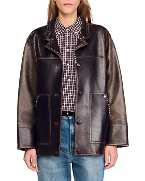 Sandro Oversized Leather Jacket With Studs