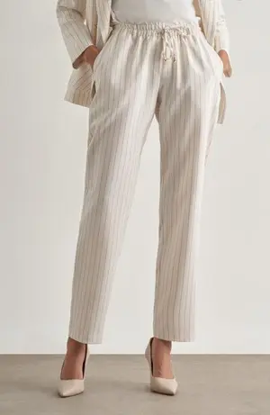 MIZALLE Striped Drawstring Wide Leg Trousers - Ecru