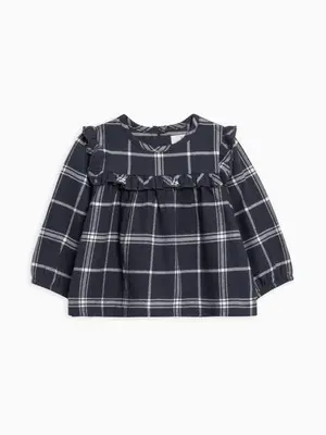 KENDI Organic Flannel Ruffle Top - Navy Plaid