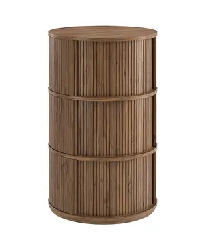 MODWAY Clement Round Pedestal Stand Storage Table With Sliding Tambour Doors - Walnut