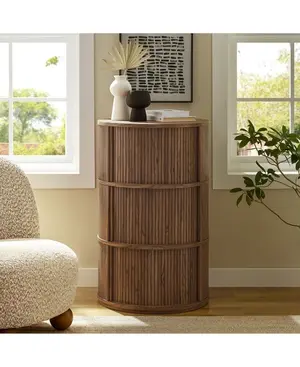 MODWAY Clement Round Pedestal Stand Storage Table With Sliding Tambour Doors