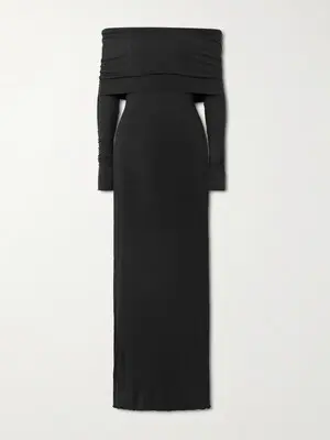 SKIMS Sheer Modal-Blend Off-the-Shoulder Long Dress Black