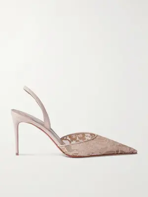 CHRISTIAN LOUBOUTIN Kate Max 85 Leather-trimmed Lace Slingback Pumps - Neutrals