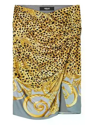 Versace Cheetah Foulard Draped Midi Skirt - Yellow