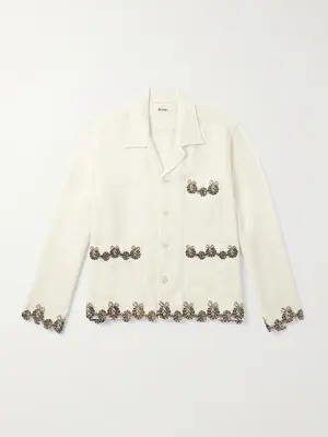 BODE Laurelist Camp-collar Logo-embroidered Appliquéd Wool-flannel Overshirt - Neutrals
