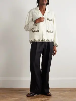 BODE Laurelist Camp-collar Logo-embroidered Appliquéd Wool-flannel Overshirt - Neutrals