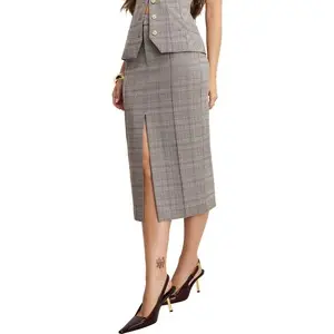Good American Plaid Fitted Midi Skirt