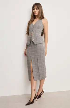 Good American Plaid Fitted Midi Skirt