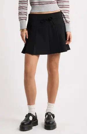 Bp. Plaid Pleated Mini Skirt With Belt - Black