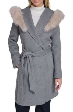 Cole Haan Wool Blend Coat With Faux Fur Trimmed Hood