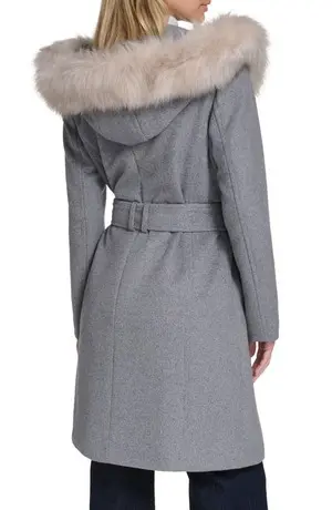 Cole Haan Wool Blend Coat With Faux Fur Trimmed Hood