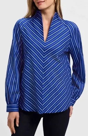 Foxcroft Daphne Stripe Stretch Cotton Blend Pullover Shirt - Blue/white