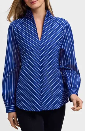 Foxcroft Daphne Stripe Stretch Cotton Blend Pullover Shirt - Blue/white