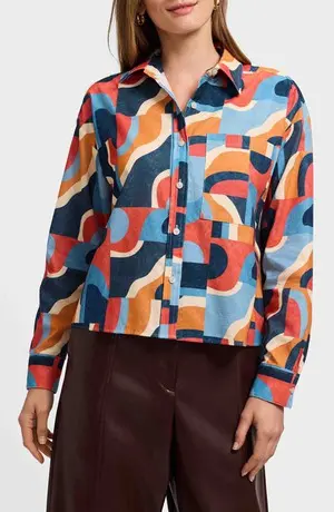 Foxcroft Marina Geo Print Cotton Corduroy Shirt - Blue Multi