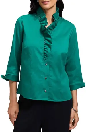 Foxcroft Edith Ruffle Button-up Shirt - Emerald