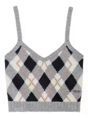 Prada Argyle-pattern Ribbed Knit Top - Grey