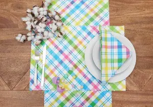 C&F HOME Easter Spring Blossom Pastels Plaid Printed Cloth Napkins Set Of 6